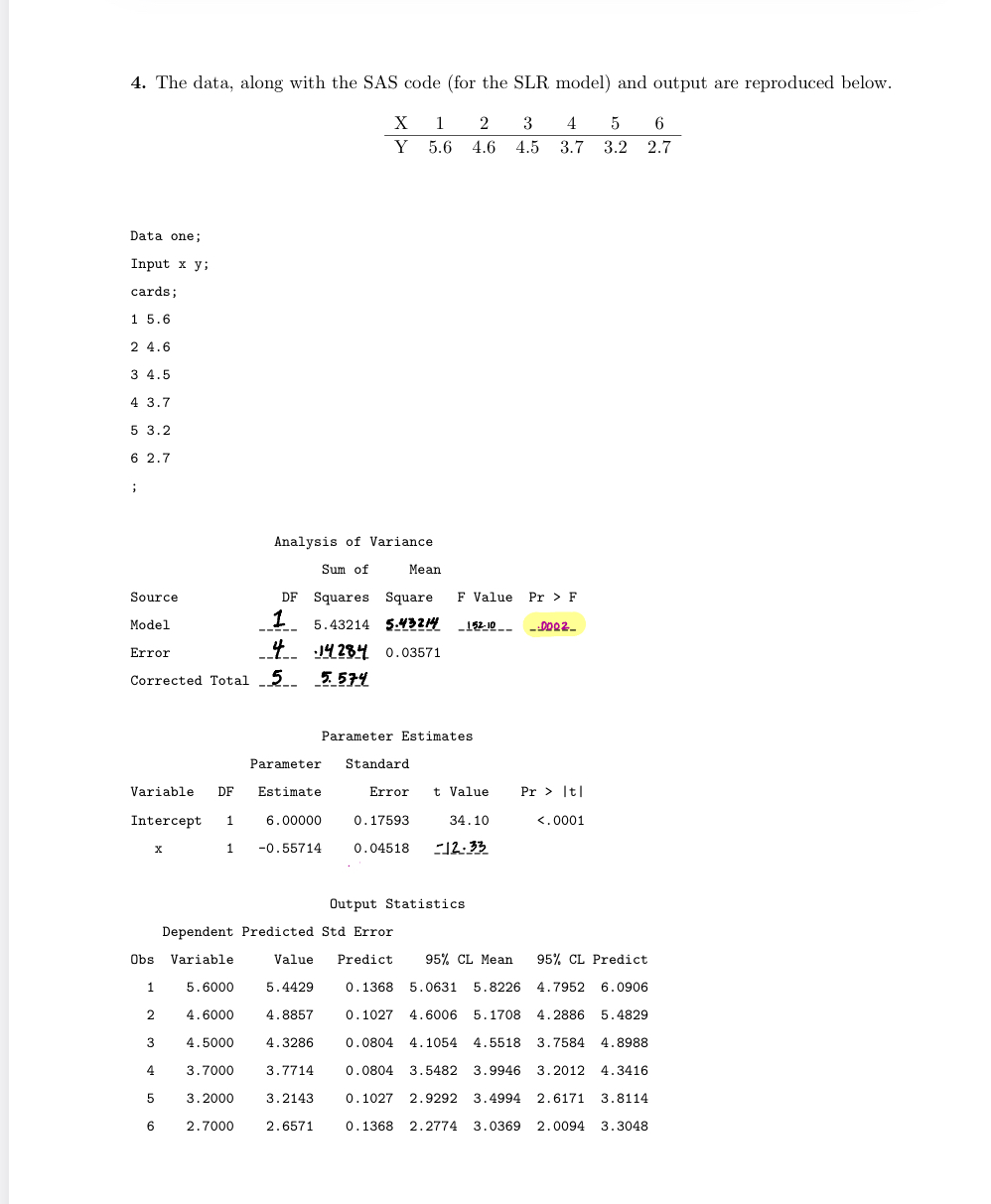 Solved 4. The data, along with the SAS code (for the SLR | Chegg.com