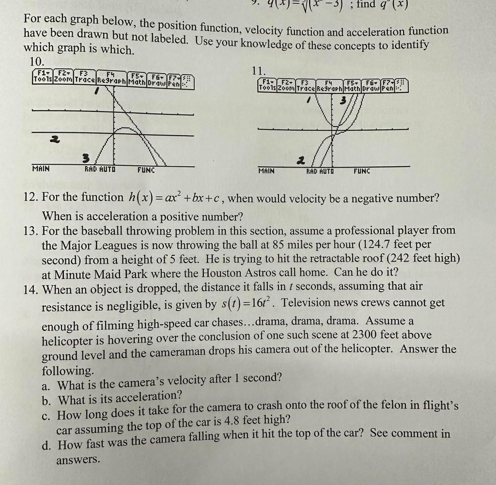 Solved For each graph below, the position function, velocity | Chegg.com