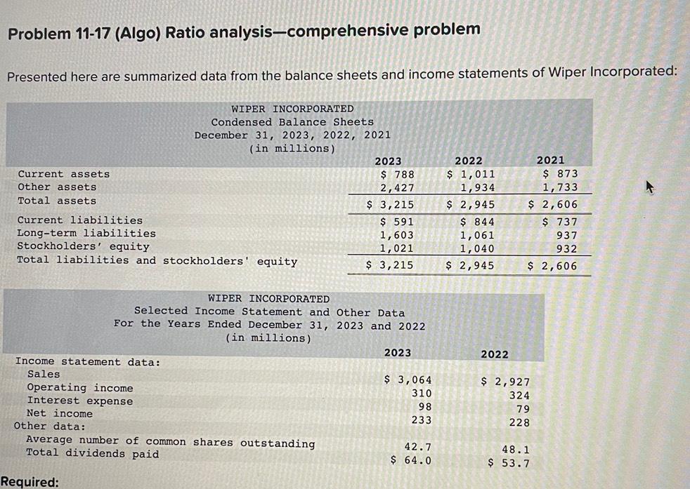Solved Problem 11−17 (Algo) Ratio analysis-comprehensive | Chegg.com