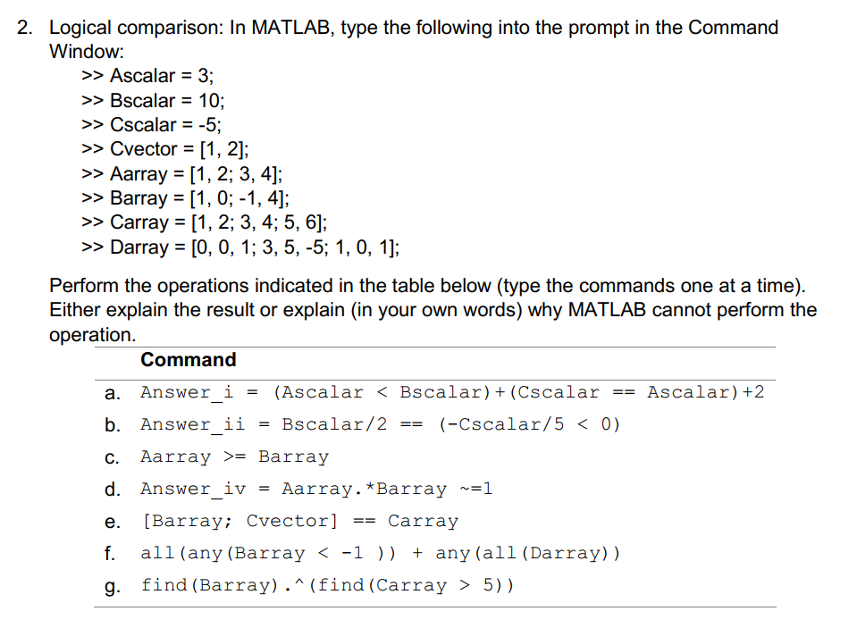 Solved 2. Logical comparison: In MATLAB, type the following | Chegg.com