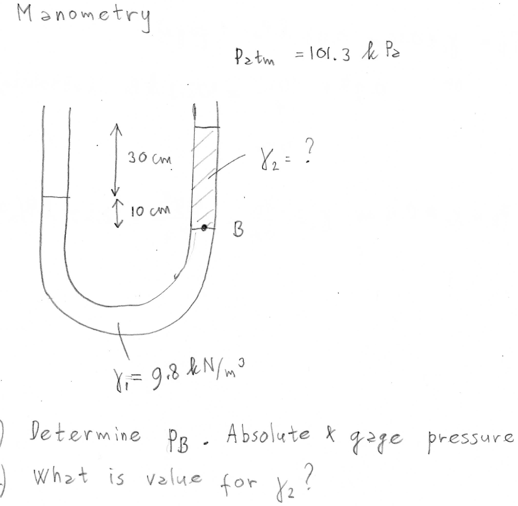 Solved Manometry Patm = 101.3 k Pa 30cm 82= ? 10 cm B 3 Vi= | Chegg.com