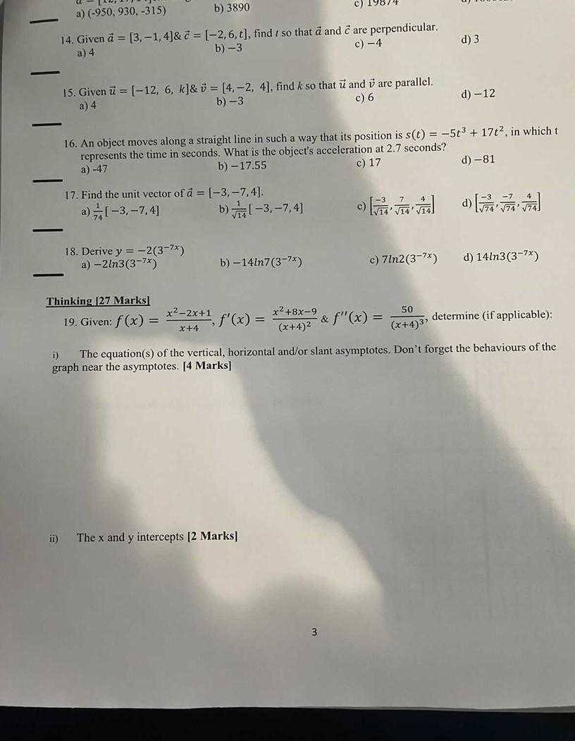 Solved a) (-950, 930, -315) b) 3890 c) 19874 - 14. Given a = | Chegg.com