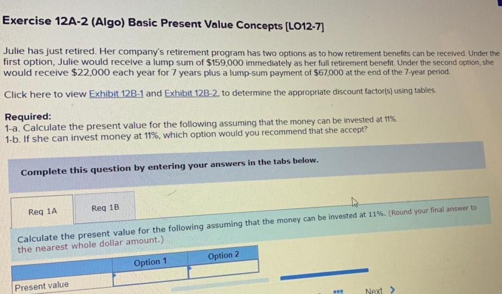 Solved Exercise 12A-2 (Algo) Basic Present Value Concepts | Chegg.com