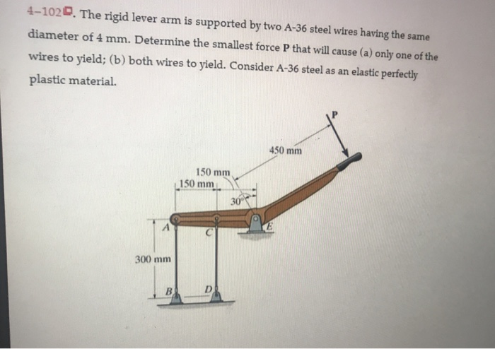 Solved 4-1020. The rigid lever arm is supported by two A-36 | Chegg.com
