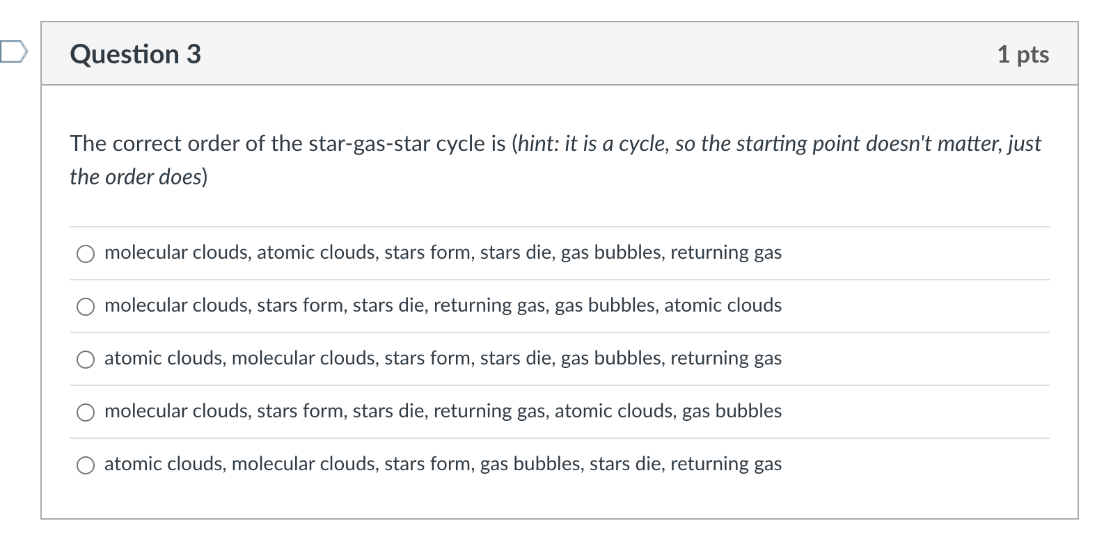 Solved The correct order of the star-gas-star cycle is | Chegg.com