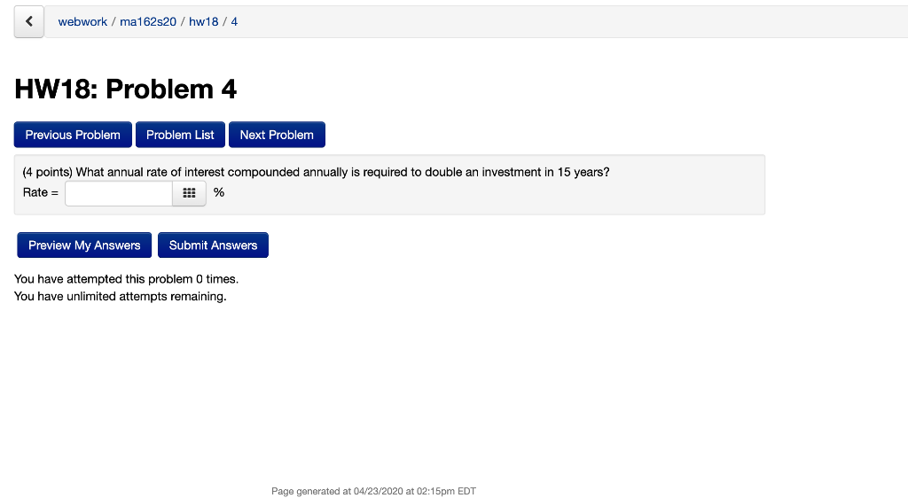 Solved webwork / ma162s20 / hw18/4 HW18: Problem 4 Previous | Chegg.com