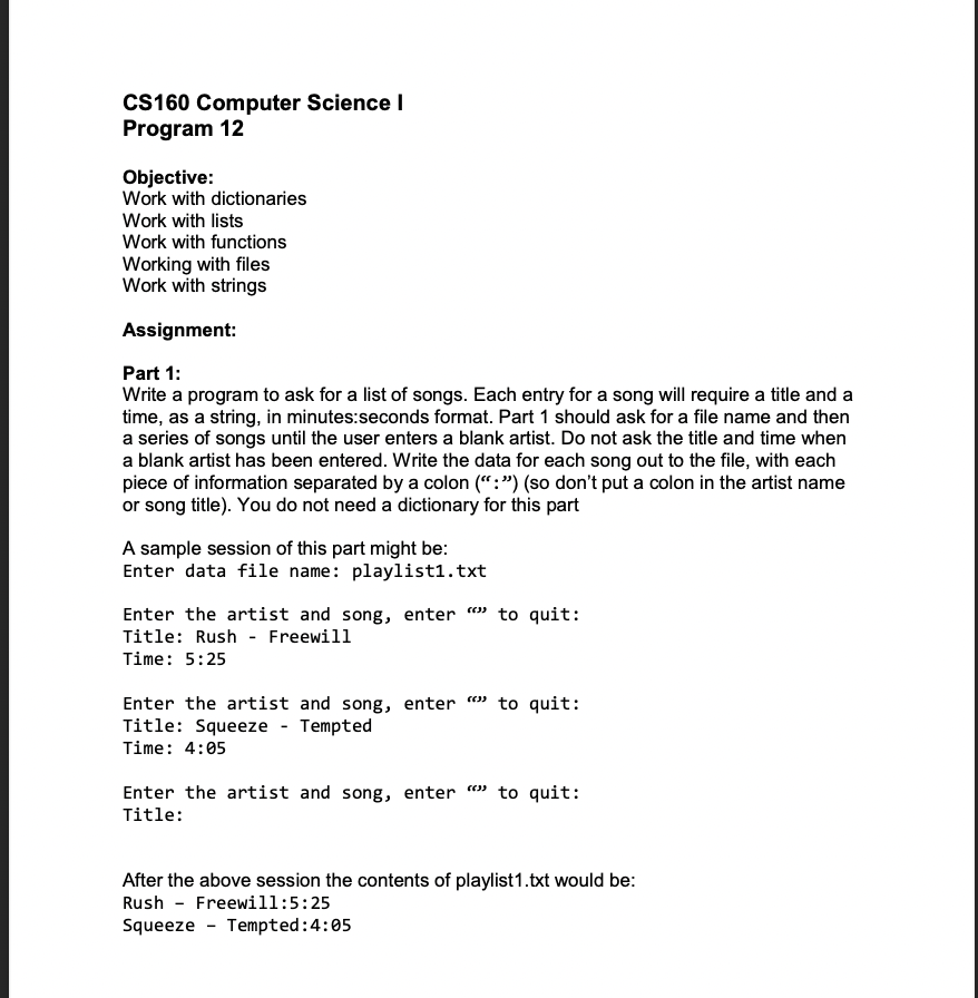 Solved Cs160 Computer Science Program 12 Objective Work