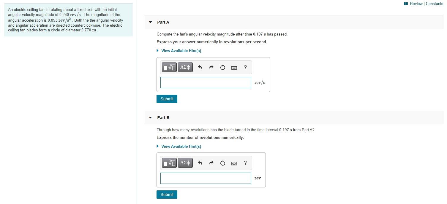 Solved An electric ceiling fan is rotating about a fixed | Chegg.com