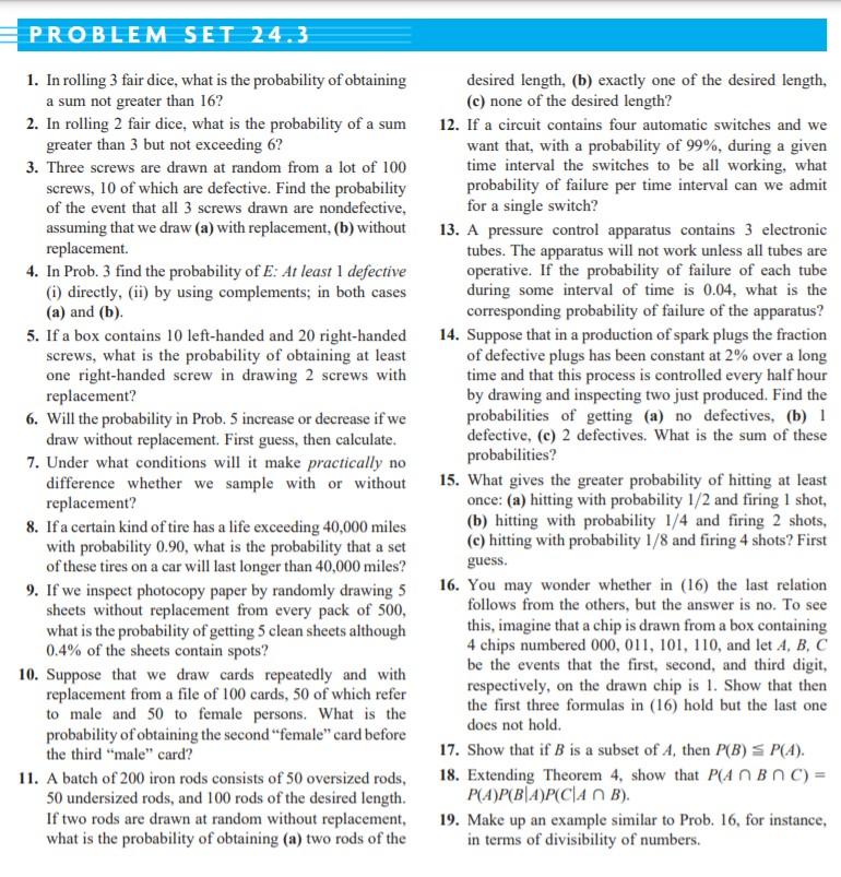 Solved PROBLEM SET 24.3 1. In rolling 3 fair dice, what is | Chegg.com