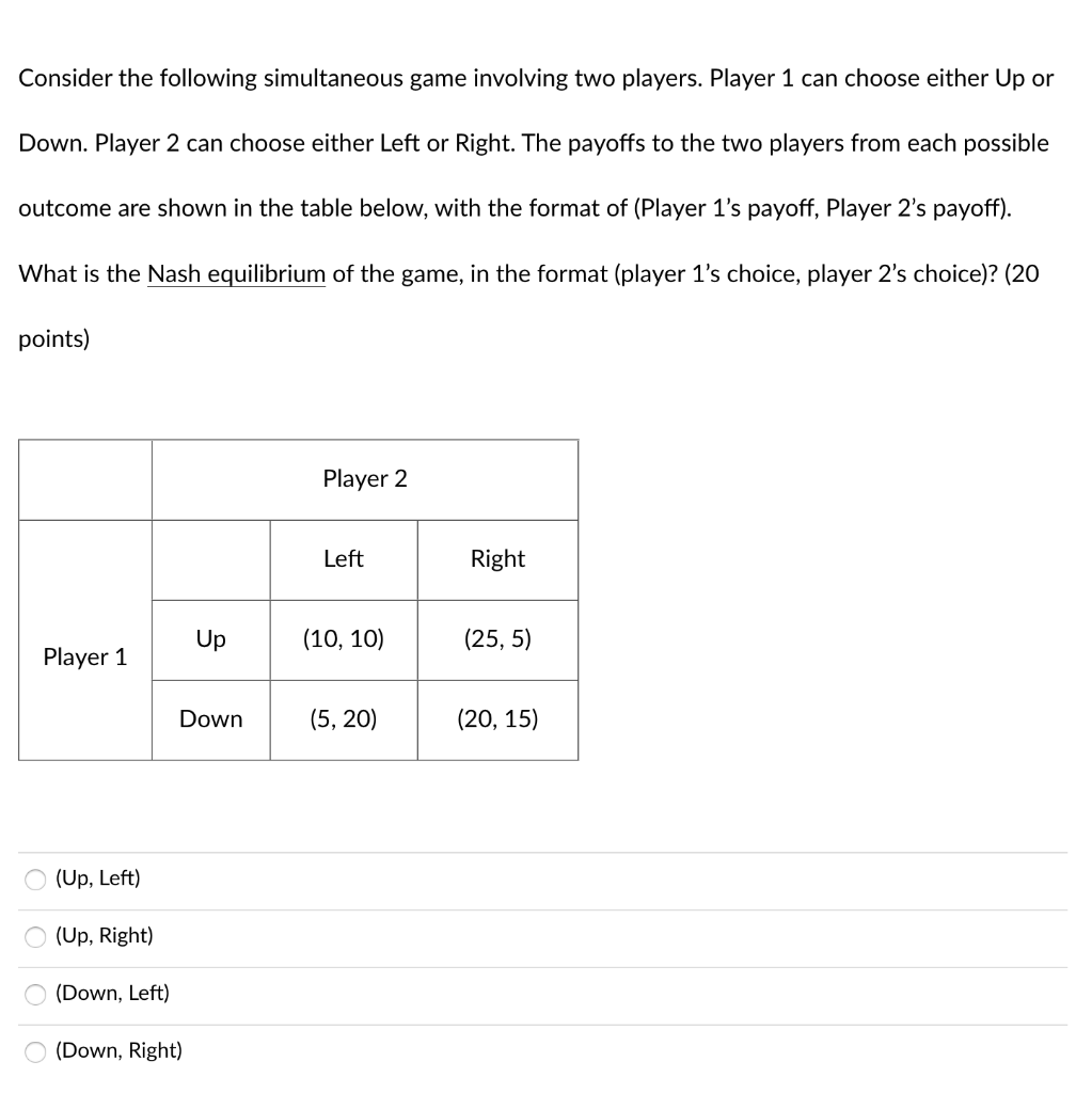 Solved Consider the following simultaneous game involving | Chegg.com