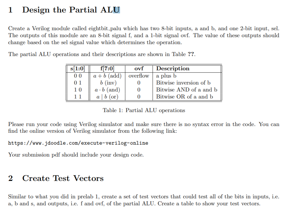 1 Design the Partial ALU Create a Verilog module | Chegg.com