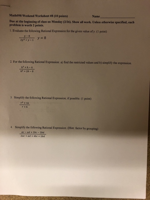 Solved Name Math 098 weekend worksheet #8 (10 points) Due at | Chegg.com