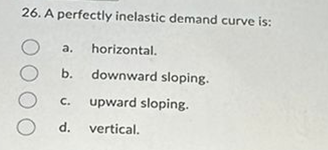 Solved A perfectly inelastic demand curve is:a. | Chegg.com