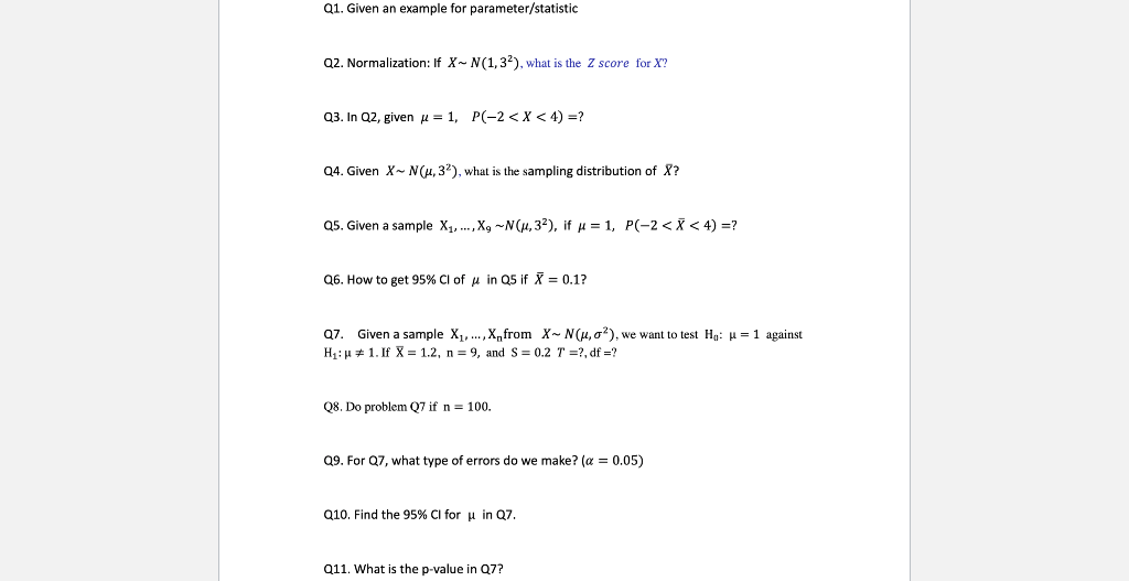 Solved Q1. Given an example for parameter/statistic Q2. | Chegg.com