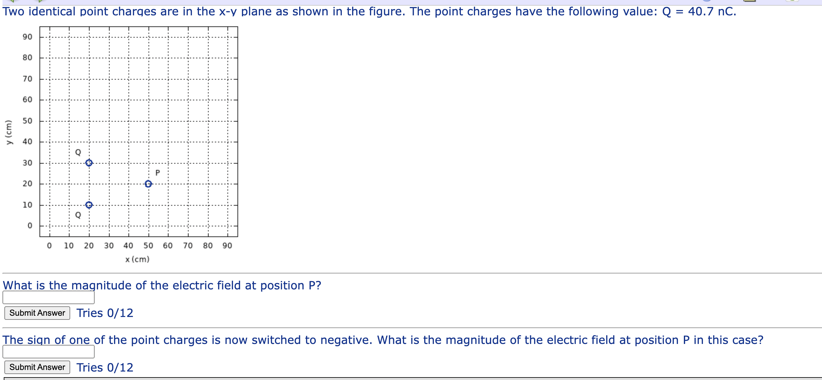[Solved]: Two identical point charqes are in the xy plane a