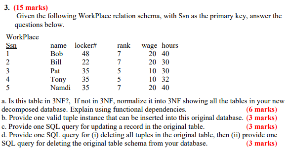 Solved 3. (15 marks) Given the following WorkPlace relation | Chegg.com