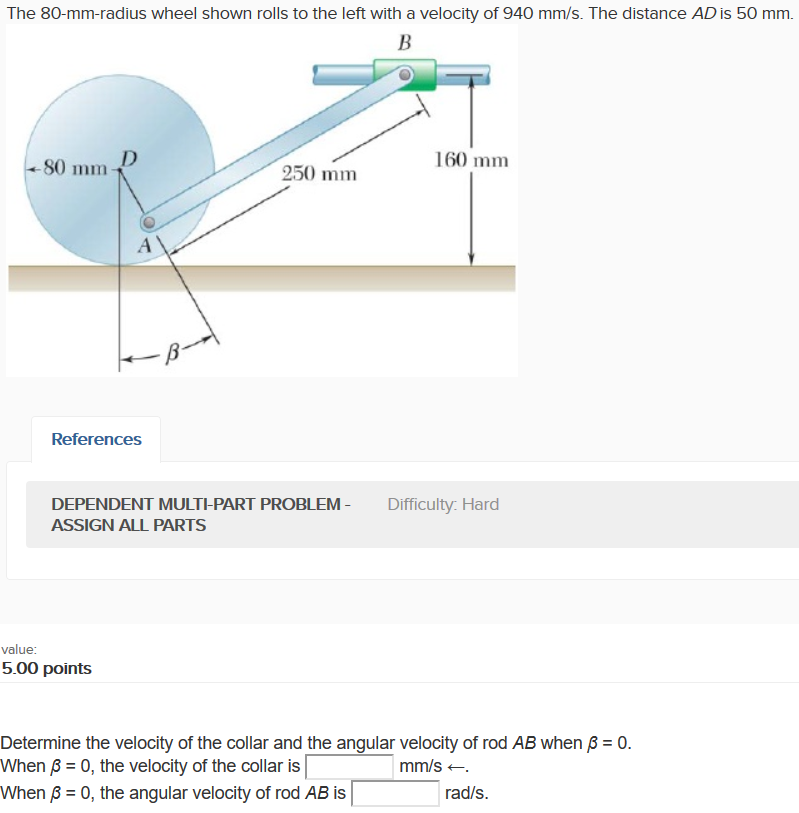 Solved The 80-mm-radius wheel shown rolls to the left with a | Chegg.com