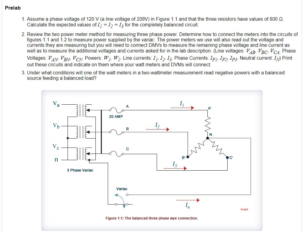 Solved Prelab 1. Assume a phase voltage of 120 V (a line | Chegg.com
