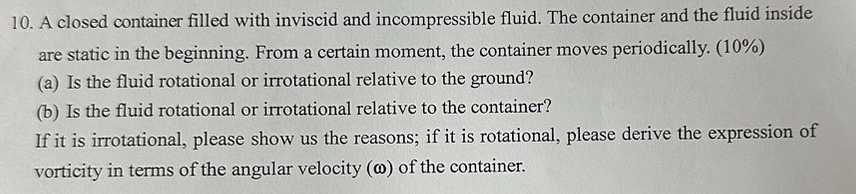 Solved 10. ﻿A closed container filled with inviscid and | Chegg.com