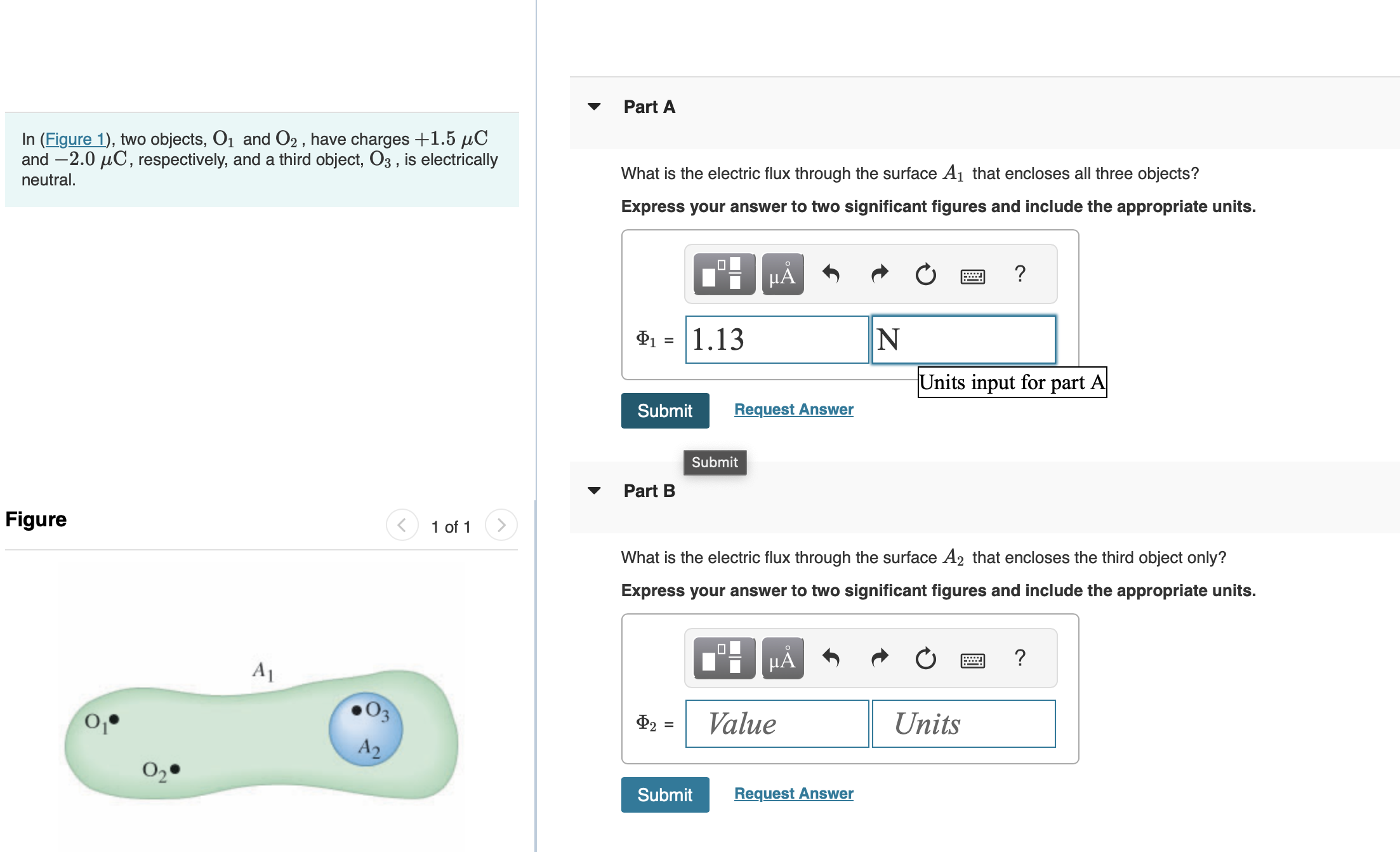 Solved In (Figure 1), two objects, O1 and O2, have charges | Chegg.com