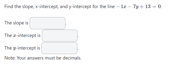 Solved Find the slope, x -intercept, and y -intercept for | Chegg.com
