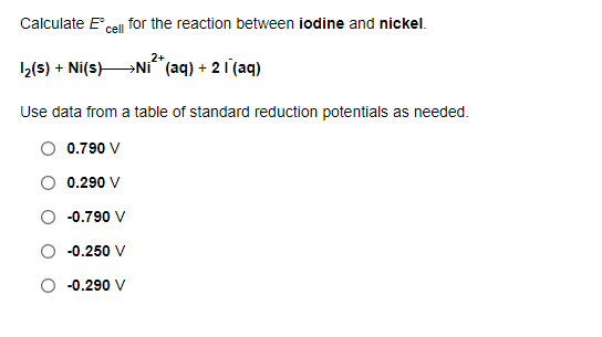 Solved Calculate E°cell for the reaction between iodine and | Chegg.com