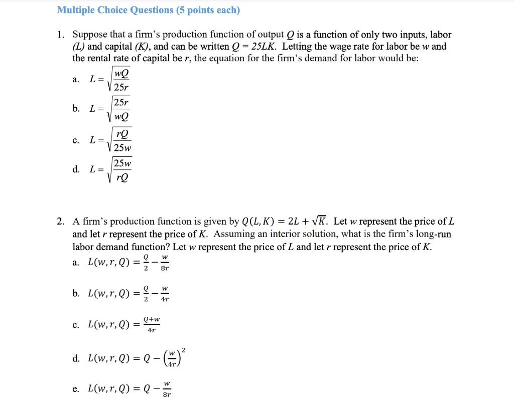 Solved Multiple Choice Questions (5 points each) 1. Suppose | Chegg.com