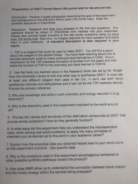 Preparation of DEET Formal Report (50 points total | Chegg.com