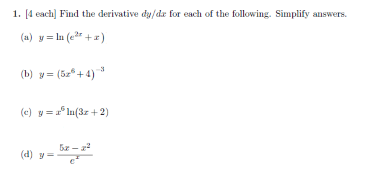 Solved 1. [4 each] Find the derivative dy/dx for each of the | Chegg.com