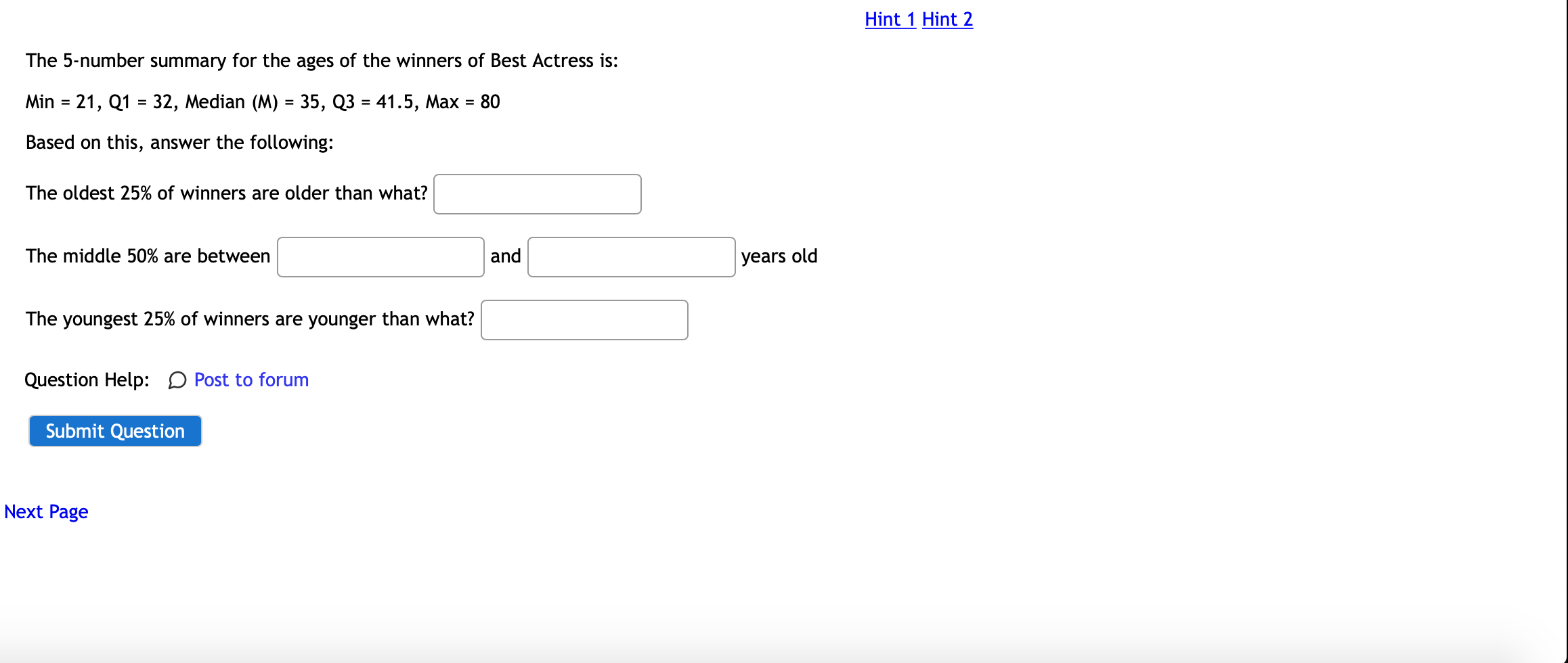 Solved Hint 1 Hint 2 The 5-number summary for the ages of | Chegg.com