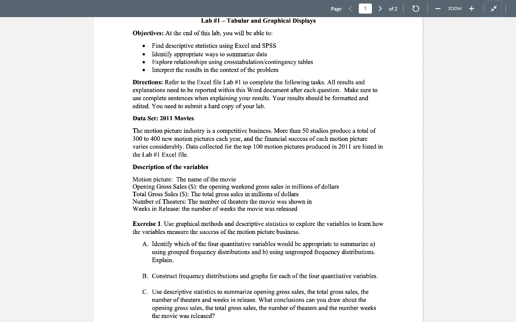 Solved Lab \#1 - Tabular and Graphical Displays Objectives: | Chegg.com