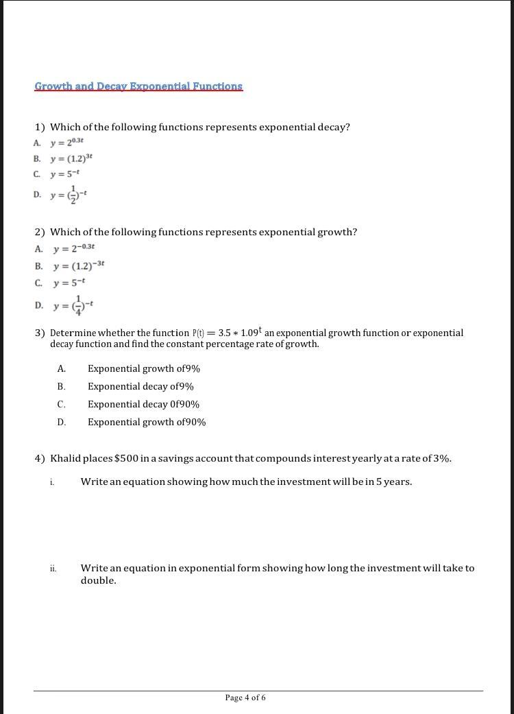 Solved Growth and Decay Exponential Functions 1) Which of | Chegg.com