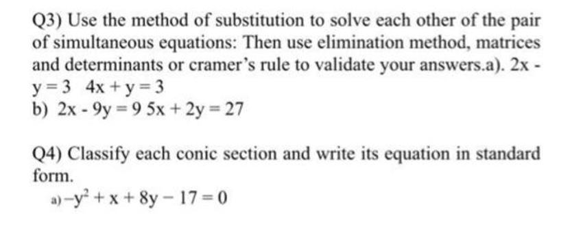 Solved Q3) ﻿Use the method of substitution to solve each | Chegg.com