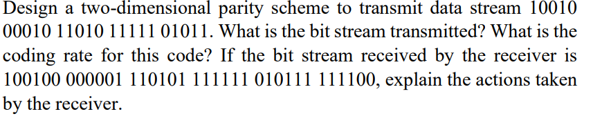 Solved Design a two-dimensional parity scheme to transmit | Chegg.com