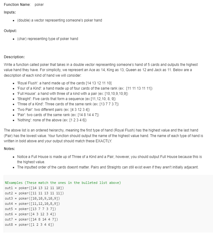 Solved Function Name: poker Inputs: • (double) a vector | Chegg.com