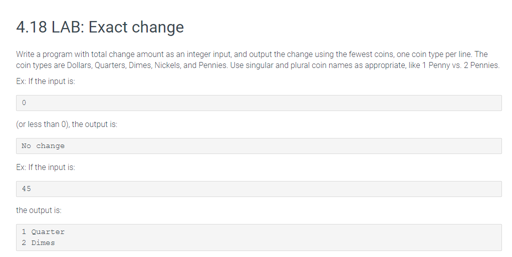 Solved 4.18 LAB: Exact change Write a program with total | Chegg.com