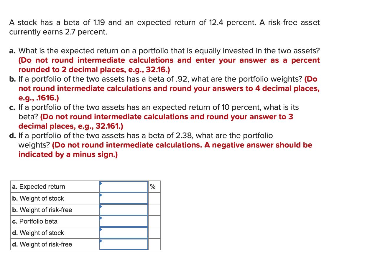 Solved A stock has a beta of 1.19 and an expected return of | Chegg.com