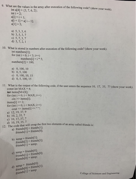 Solved 9. What are the values in the array after execution | Chegg.com