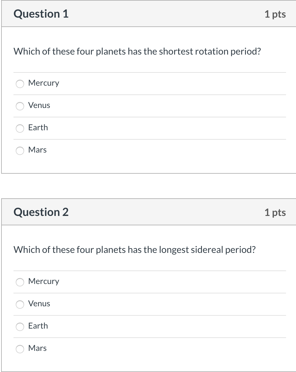 Solved Question 1 1 pts Which of these four planets has the | Chegg.com