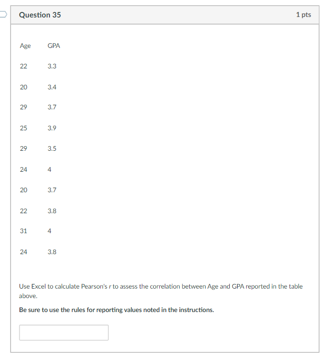 Solved Question 35 1 pts Age GPA 22 3.3 20 3.4 29 3.7 25 3.9 | Chegg.com