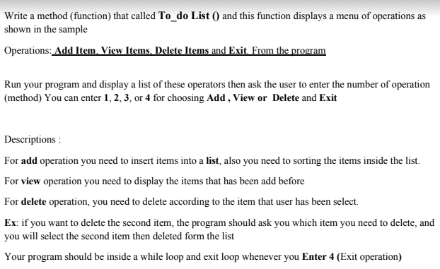 Solved Write a method (function) that called To_do List () | Chegg.com