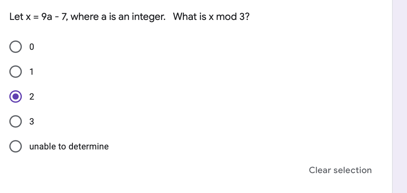 Solved Let x = 9a - 7, where a is an integer. What is x mod | Chegg.com