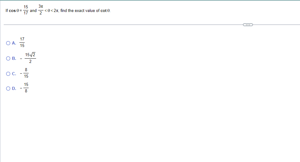 Solved If cosθ=1715 and 23π