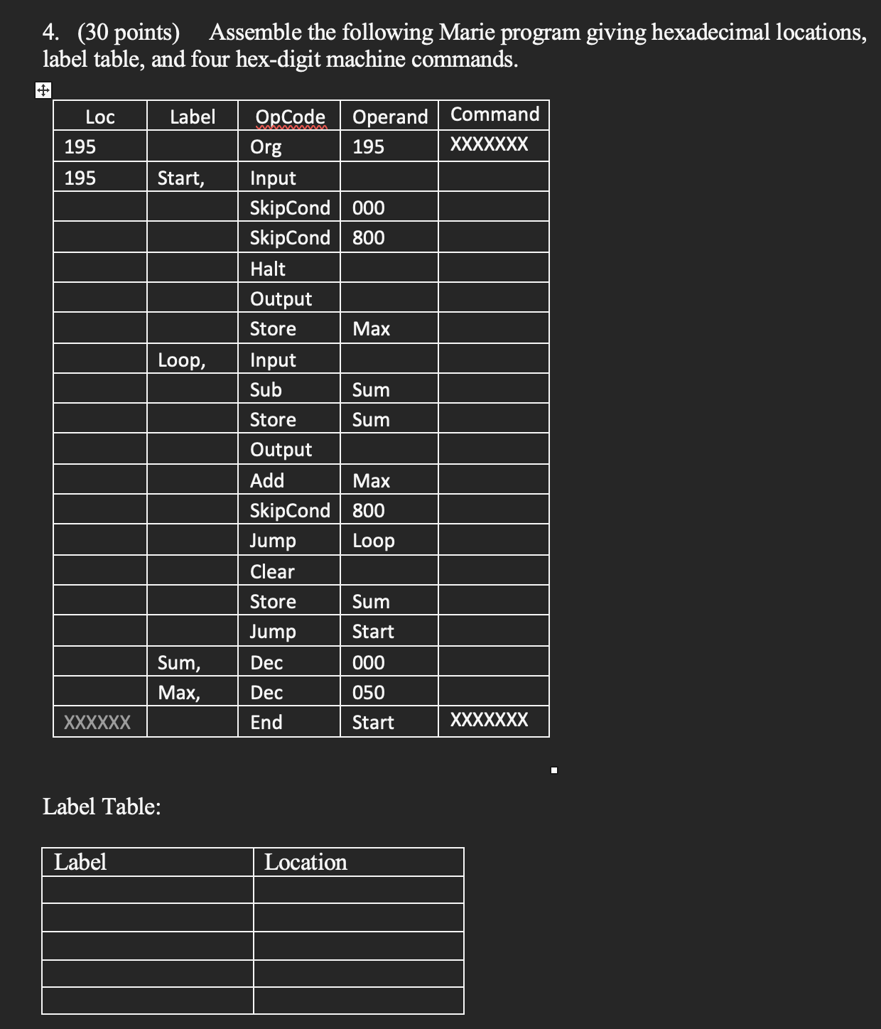 Solved 4. (30 points) Assemble the following Marie program | Chegg.com