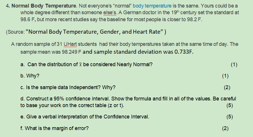 Solved 4. Normal Body Temperature. Not everyone's “normal” | Chegg.com