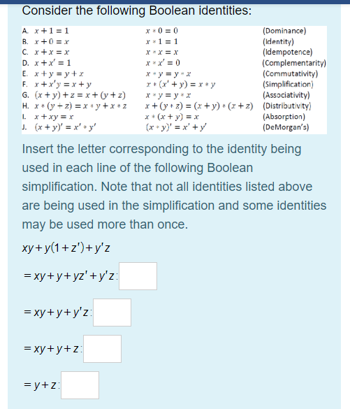 Solved Consider the following Boolean identities: A x +1 = 1 | Chegg.com