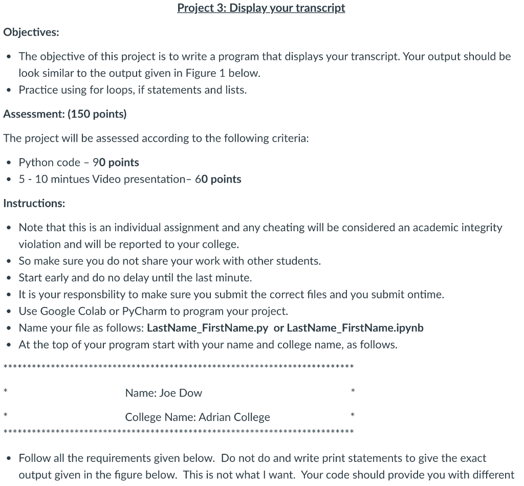 Solved Project 3: Display_your transcript Objectives: • The | Chegg.com