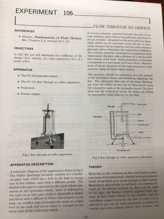 Solved EXPERIMENT 106 FLOW THROUGH AN ORIFICE REFERENCES | Chegg.com