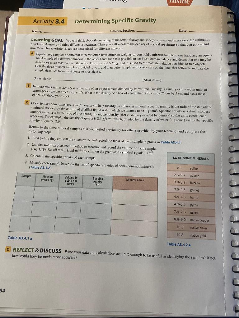 Solved side Activity 3.4 Determining Specific Gravity Name: | Chegg.com