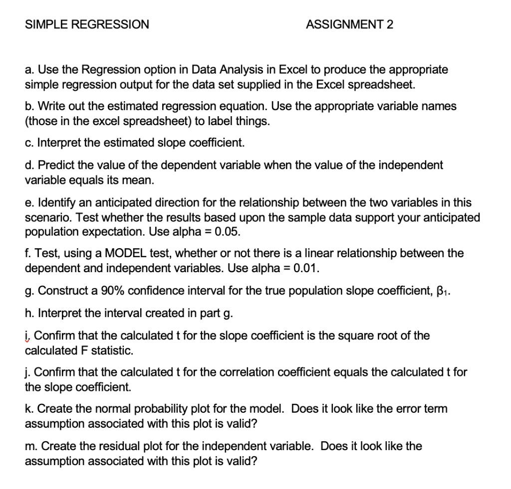 Solved Simple Regression Assignment 2 A Use The Regression